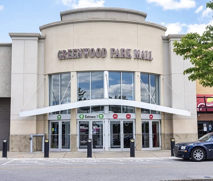 Greenwood Park Mall's curved entrance architecture makes a statement that shopping here is both stylish and sensible.