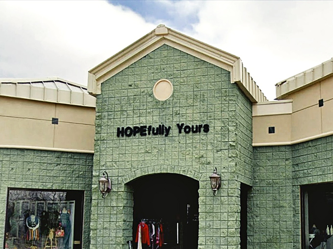 HOPEfully Yours' distinctive green tile facade stands out like an emerald in Edmond's retail landscape.