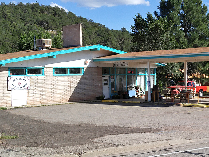 Hey Mavis! looks like it belongs in a Wes Anderson film. That turquoise trim against the mountain backdrop screams "quirky treasures inside!"
