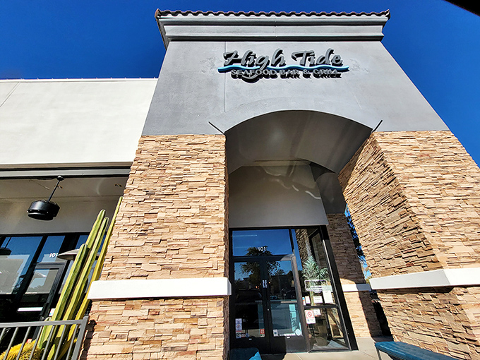 High Tide's stone facade stands like a beacon for poke lovers seeking refuge from Arizona's seafood desert.