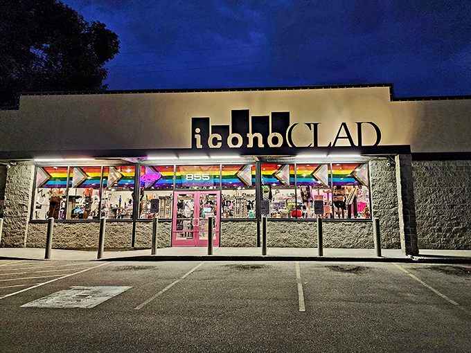 IconoCLAD glows with neon promise after dark, a beacon for night-owl vintage hunters seeking fashion with history.