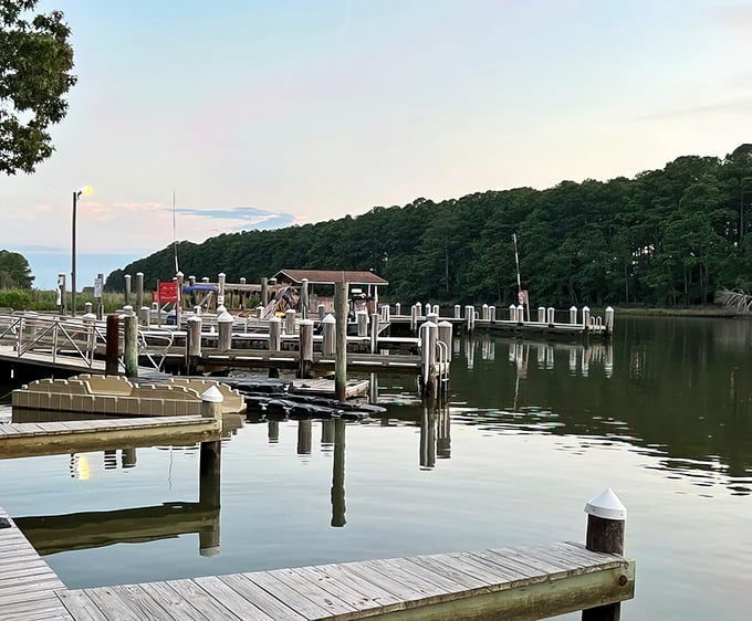 Sunset marina magic! Janes Island's boat slips stand ready for tomorrow's adventures as day fades to twilight.