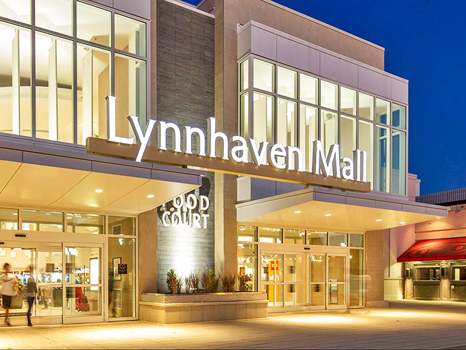 Lynnhaven Mall's modern entrance stands ready to welcome Virginia Beach shoppers. That "FOOD COURT" sign might be the most important directional in the building.