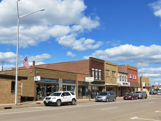 Merrill's downtown showcases that classic Wisconsin main street where brick buildings stand proud against bright blue skies.