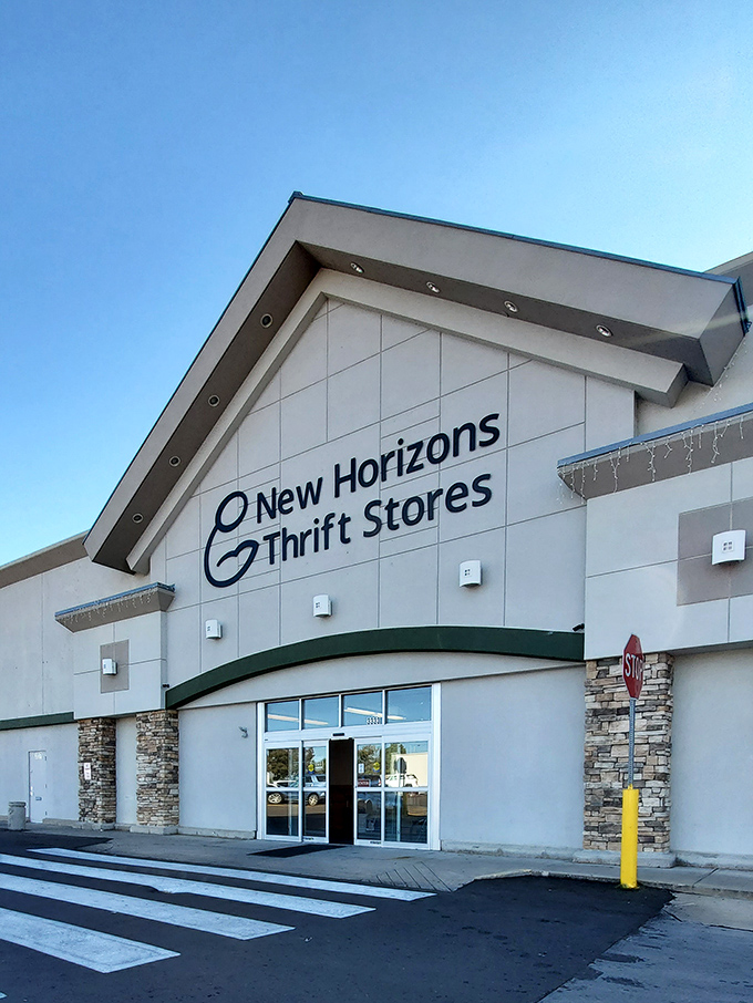 New Horizons' modern exterior with stone accents sets the tone for a thrift experience that's anything but second-rate.