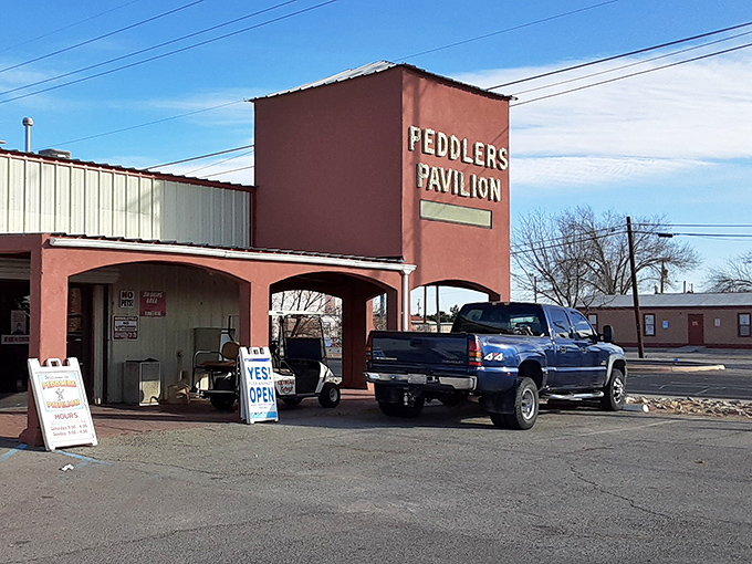 Peddler's Pavilion's rustic entrance looks like it belongs in an old Western movie set rather than modern Las Cruces.