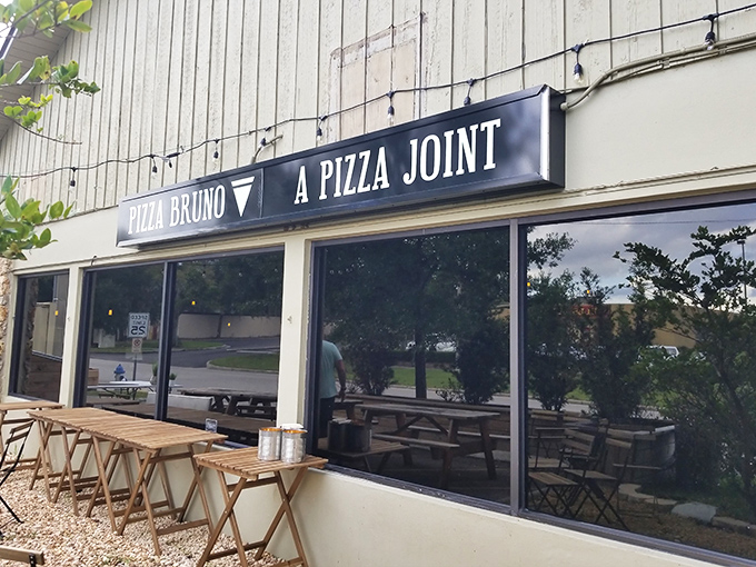 Pizza Bruno's minimalist facade hides maximum flavor&mdash;like finding a secret pizza society that knows the ancient arts of perfect crust.