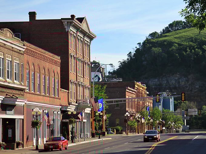 Red Wing's picturesque Main Street sits nestled against dramatic bluffs, offering postcard views at practical Midwest prices.