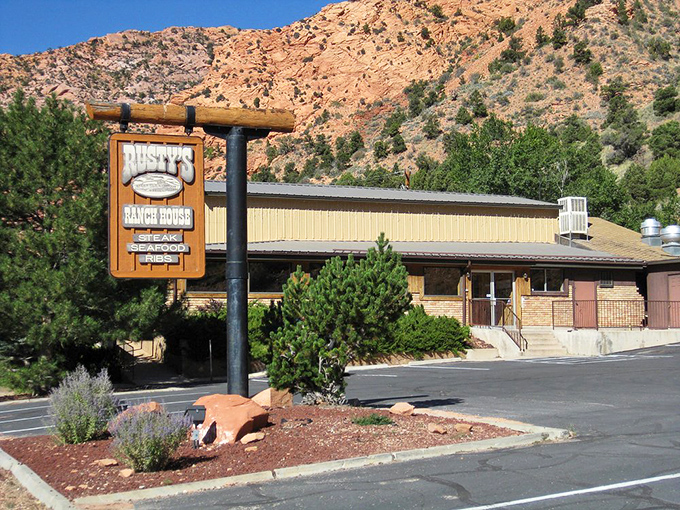 Rusty's Ranch House looks like it was built by nature itself. Nestled against red rocks, it promises steaks as impressive as the landscape.
