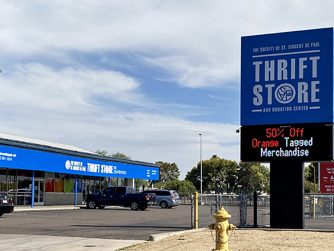St. Vincent de Paul's bright blue exterior stands out like a sapphire in the desert sun.