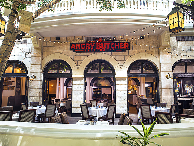 The Angry Butcher's elegant stone arches and outdoor seating create Vegas-style drama without sacrificing steakhouse substance.
