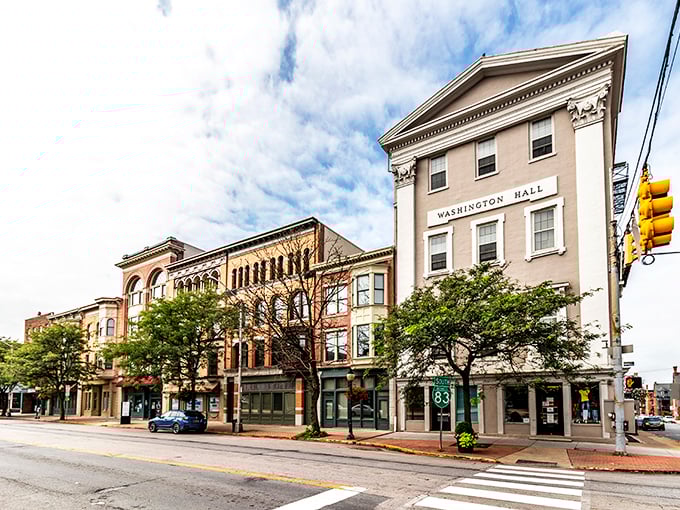 York's historic Washington Hall stands proudly on the corner, keeping watch over downtown for generations. Those classic storefronts look like they're straight out of a history book.