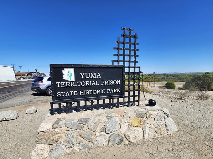 The stark entrance sign to Yuma Territorial Prison hints at the harsh desert conditions that awaited inmates in this infamous frontier lockup.
