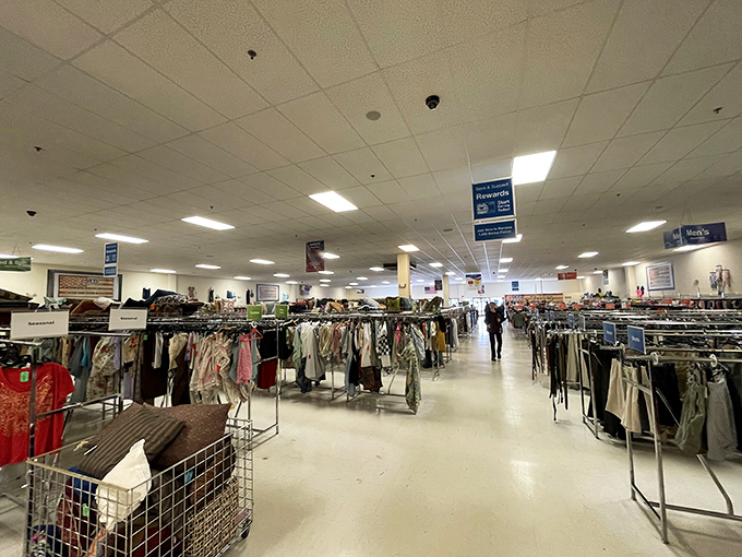 Clothing racks stretch to infinity! Amvets' organized chaos creates the perfect hunting ground for fashion explorers on a budget.