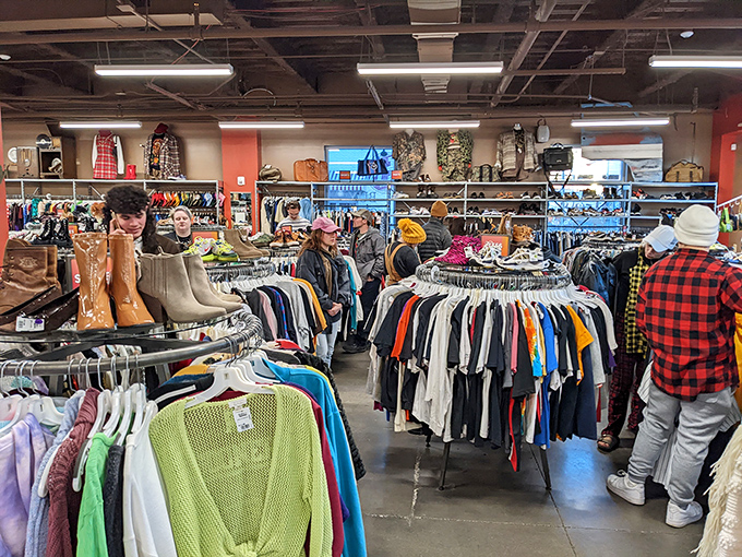Inside Buffalo Exchange, color-coded racks create a rainbow road to secondhand fashion glory.