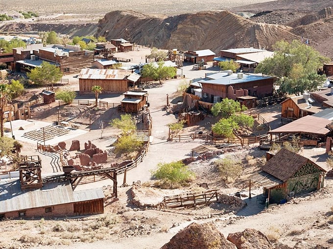 Wooden buildings and mining equipment stand frozen in time at Calico, where the Wild West never really ended.