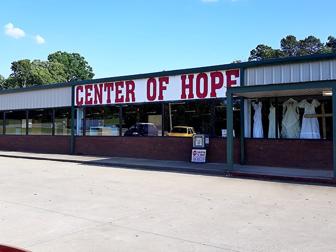Wedding dresses in the window! Center of Hope specializes in once-in-a-lifetime garments at everyday prices.