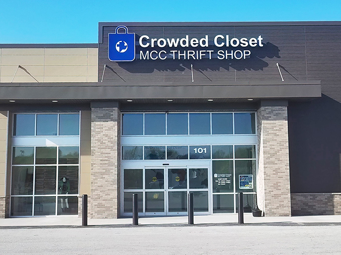 Clean lines and clear purpose&mdash;Crowded Closet elevates thrift shopping from necessity to joyful experience with its welcoming entrance.