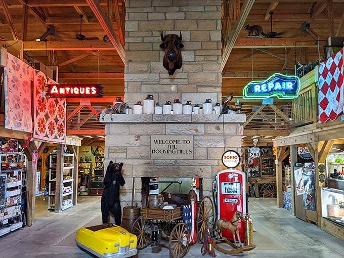 Welcome to Hocking Hills Market! This rustic stone fireplace centerpiece sets the perfect tone for a shopping experience nestled in Ohio's natural beauty.