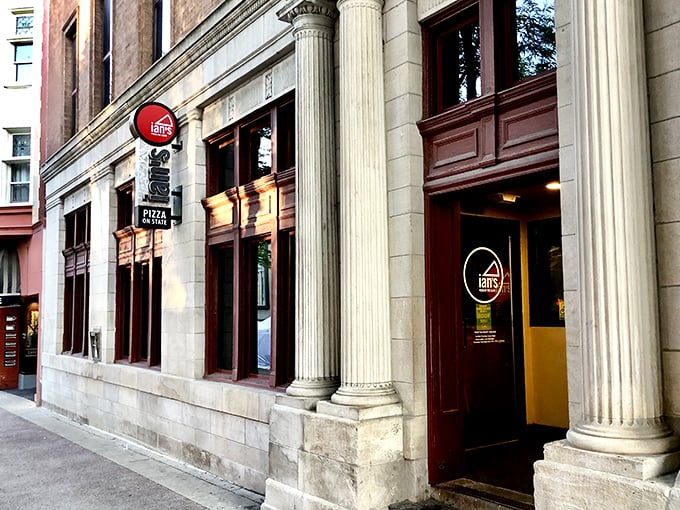 The historic exterior of Ian's Pizza gives way to a laid-back slice joint where Madison's creativity shines through unusual toppings. 