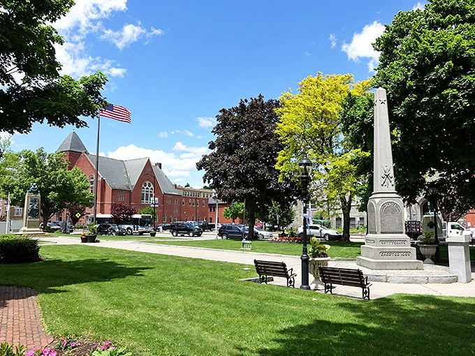A pristine town common anchors Leominster's community life. That white church steeple practically screams "New England" without saying a word.