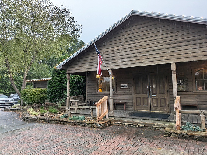 The weathered wood and American flag at Lineberger's set the stage for a meal that's as authentically North Carolinian as ACC basketball rivalries.