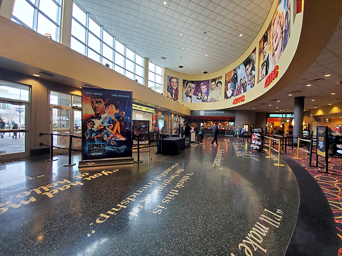 Inside Lynnhaven Mall, the movie theater entrance promises entertainment beyond shopping. Those film posters tempt you to extend your mall day into evening.