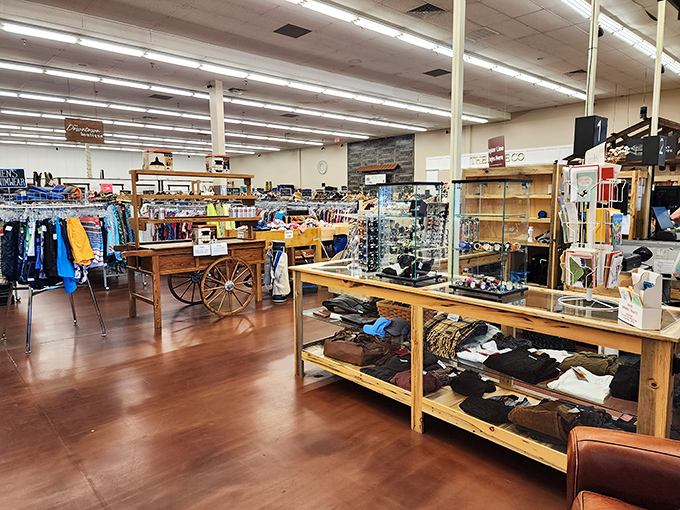 Wooden display tables and thoughtful merchandising give New Horizons the feel of an upscale boutique with thrift store prices.