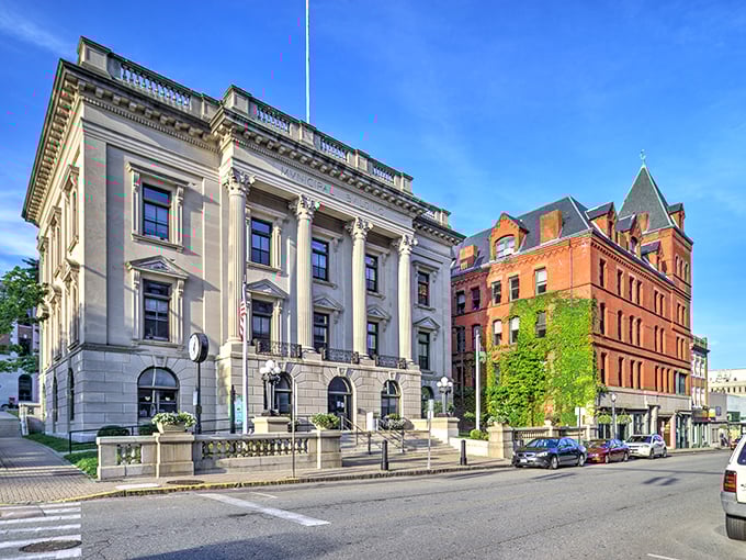 New London's stately buildings stand as testaments to the town's history, now offering affordable living in architectural splendor.