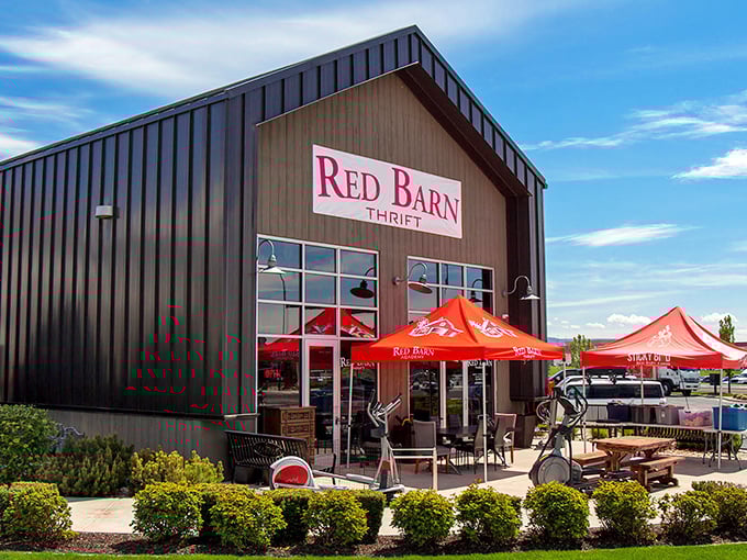 Colorful umbrellas create a festival vibe outside this charming thrift destination nestled against Utah's stunning mountain backdrop.