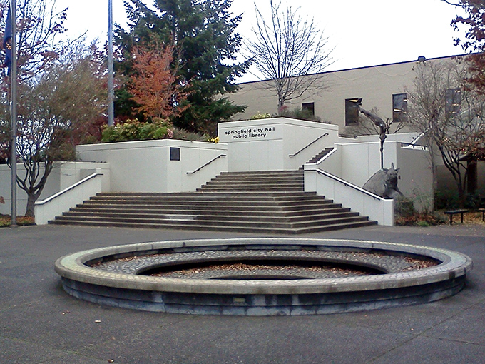 Springfield's community spaces blend practicality with beauty - those trees provide shade for summer visitors to public buildings.