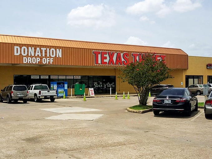 The bright orange awning of Texas Thrift stands out like a beacon calling all bargain hunters to come play.