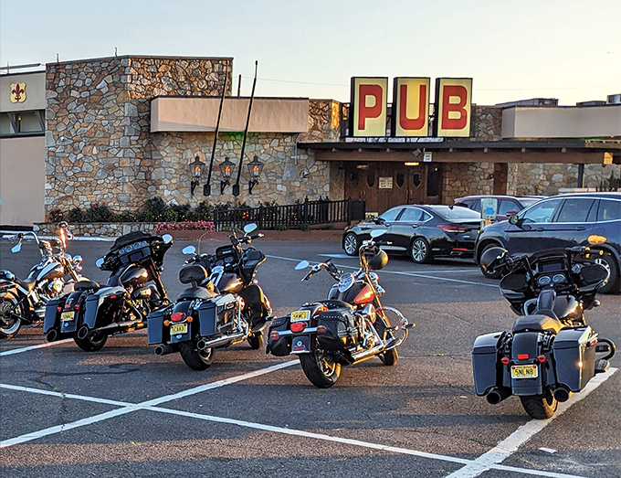 Motorcycles lined up outside The Pub &ndash; even road warriors know where to find the best steaks in South Jersey!