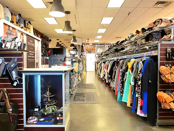 Inside Uptown Cheapskate, neatly organized racks showcase curated fashion finds. Like your stylish friend's closet, but everything's for sale!