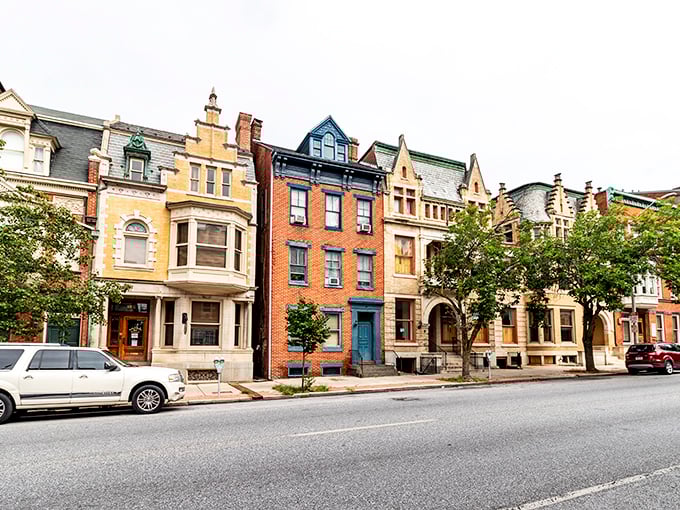 These colorful row houses in York showcase the city's architectural personality and charm. Each unique facade tells its own story of Pennsylvania's rich heritage.