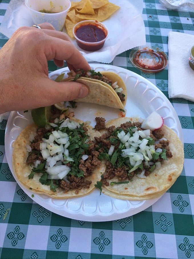 Traditional tacos served on a simple paper plate prove once again that the best food doesn't need fancy presentation&mdash;just honest ingredients and skilled hands.