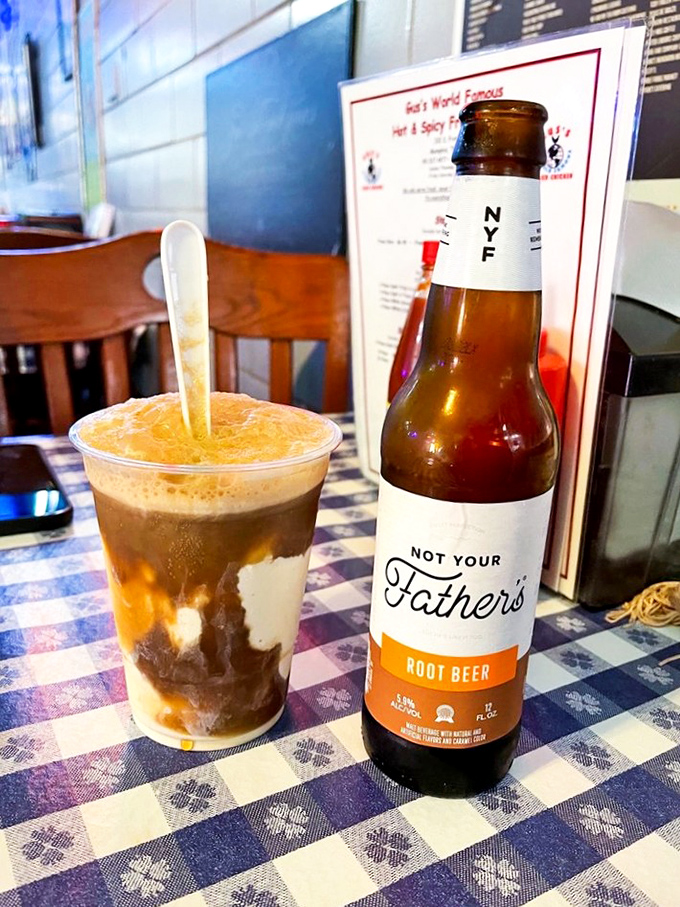 A root beer float and craft bottle&mdash;because sometimes you need something sweet and nostalgic to tame that spicy chicken heat.