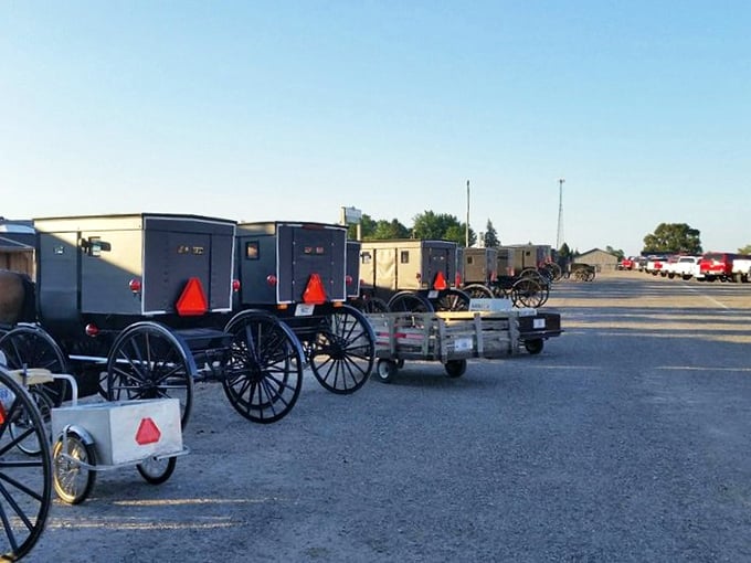 Amish buggies lined up like time travelers at a convention&mdash;a reminder that in Shipshewana, traditional ways of life harmoniously coexist with modern commerce