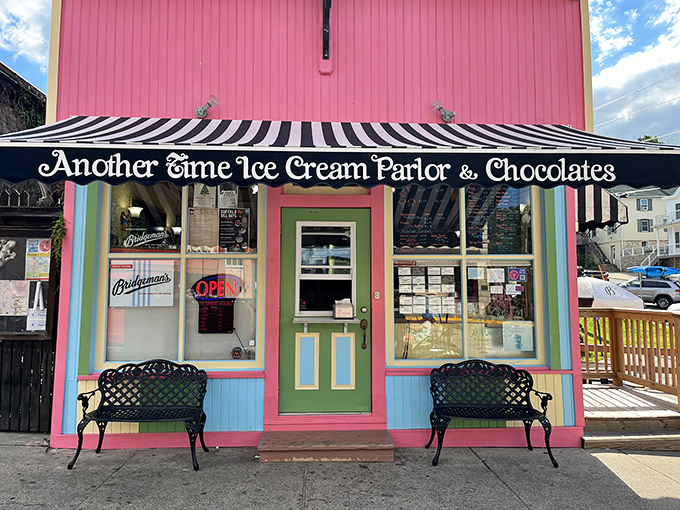 Another Time Ice Cream Parlor's striped awning signals what your diet is about to experience: delicious, unapologetic surrender.