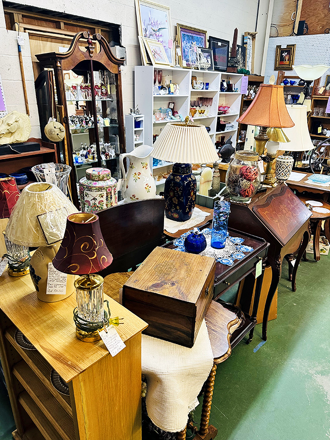 A symphony of lampshades and wooden furniture creates the perfect setting for your next antique score.