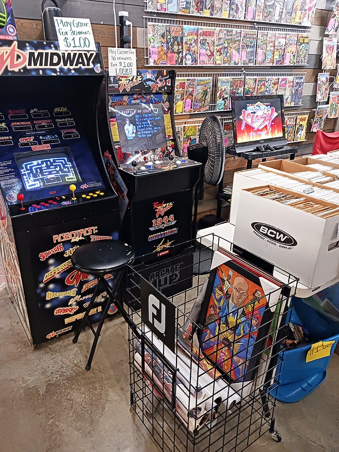 Nostalgia on quarters! Classic arcade games stand sentinel among comic collections, offering playable time travel to your misspent youth.