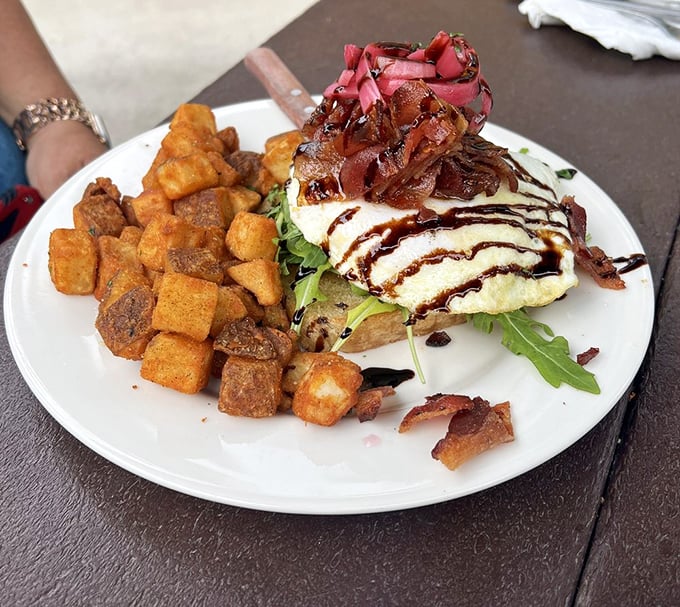 Brunch architecture at its finest &ndash; perfectly toasted bread supporting a mountain of toppings with the structural integrity of the Golden Gate Bridge.