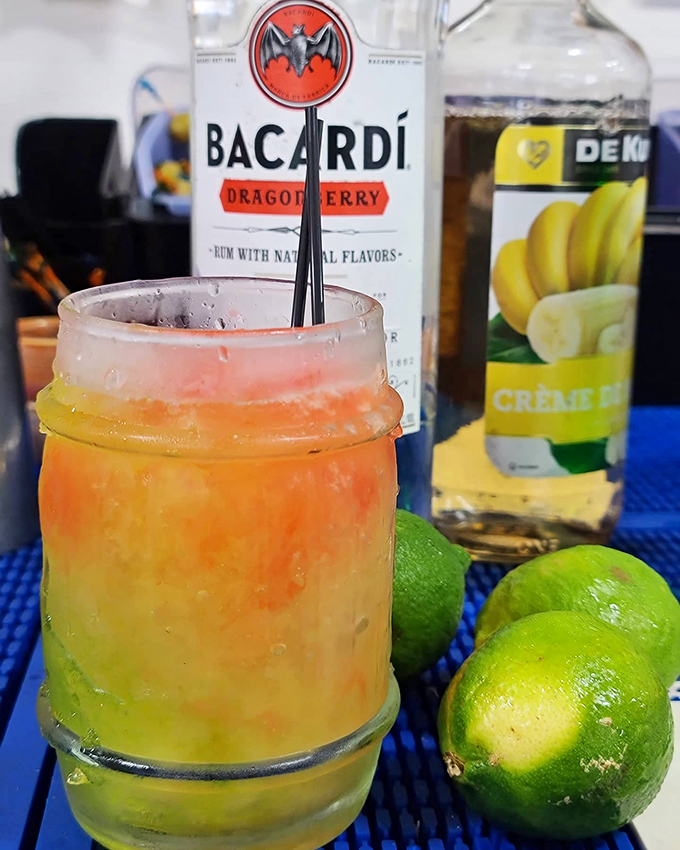 Tropical vibes in a mason jar. This Bacardi concoction proves that seafood and rum have been in a happy relationship for centuries.