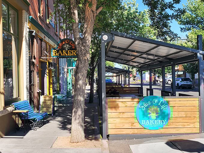 Sunshine bathes the bakery's outdoor seating area, where the hardest decision you'll make all day is which pastry to try first.