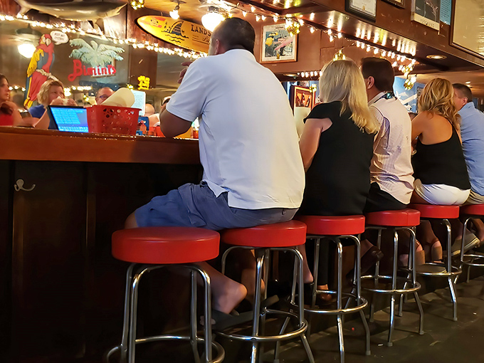 The red bar stools aren't just seating &ndash; they're front-row tickets to the best show in town: watching bartenders work their magic.