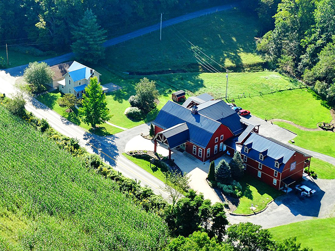 Rural elegance spreads across this countryside property, where red barns pop against green fields. Farmland that looks like it was arranged by a landscape artist.