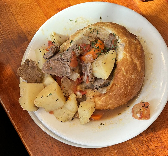 Not just stew, but an edible bowl of comfort that answers the eternal question: "Why wash dishes when you can eat them?"