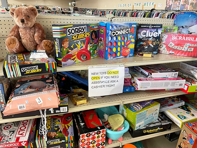 Classic board games from Sorry! to Scrabble sit alongside a teddy bear, promising family fun nights without the retail markup.