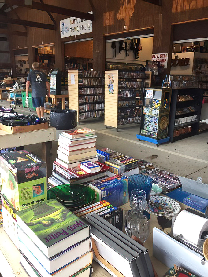 Literary treasures stack up alongside vintage glassware, proving that the best stories aren't just found between book covers but in the hunt itself.