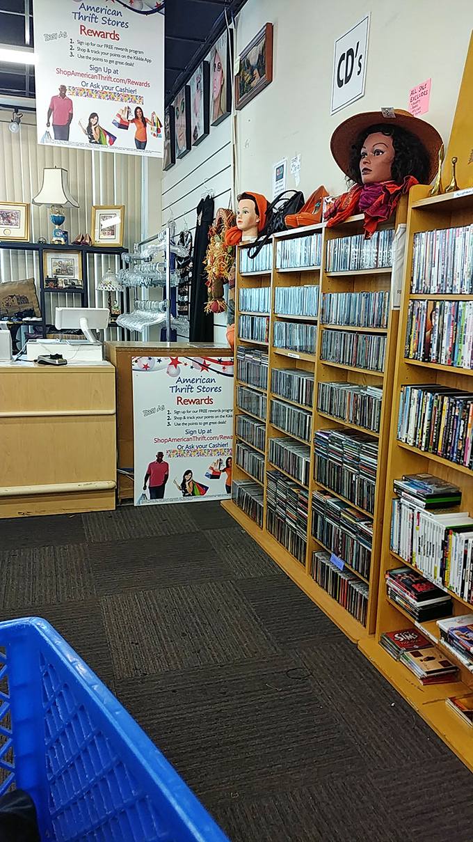 The media section rivals a small-town library, complete with mannequin heads standing guard over treasures from the pre-streaming era.
